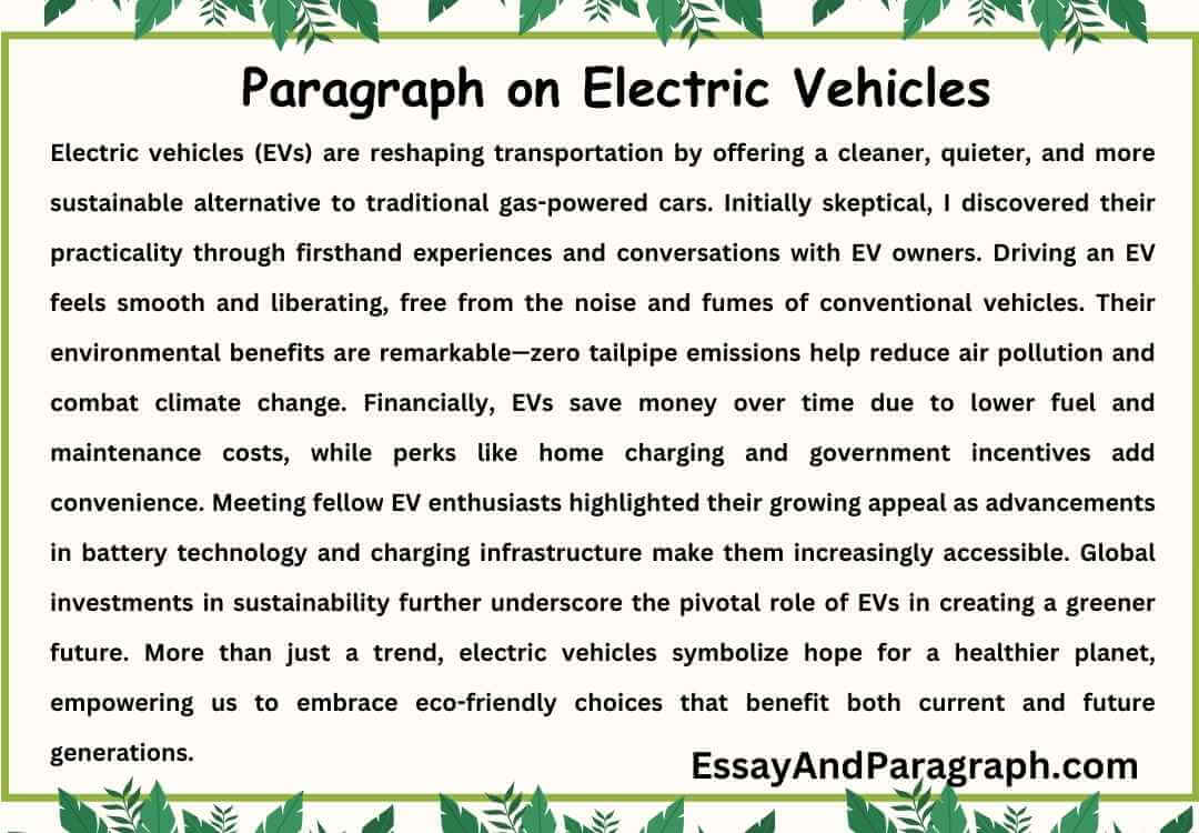 Paragraph on Electric Vehicles [100, 150, 200, 250 And 300 words]